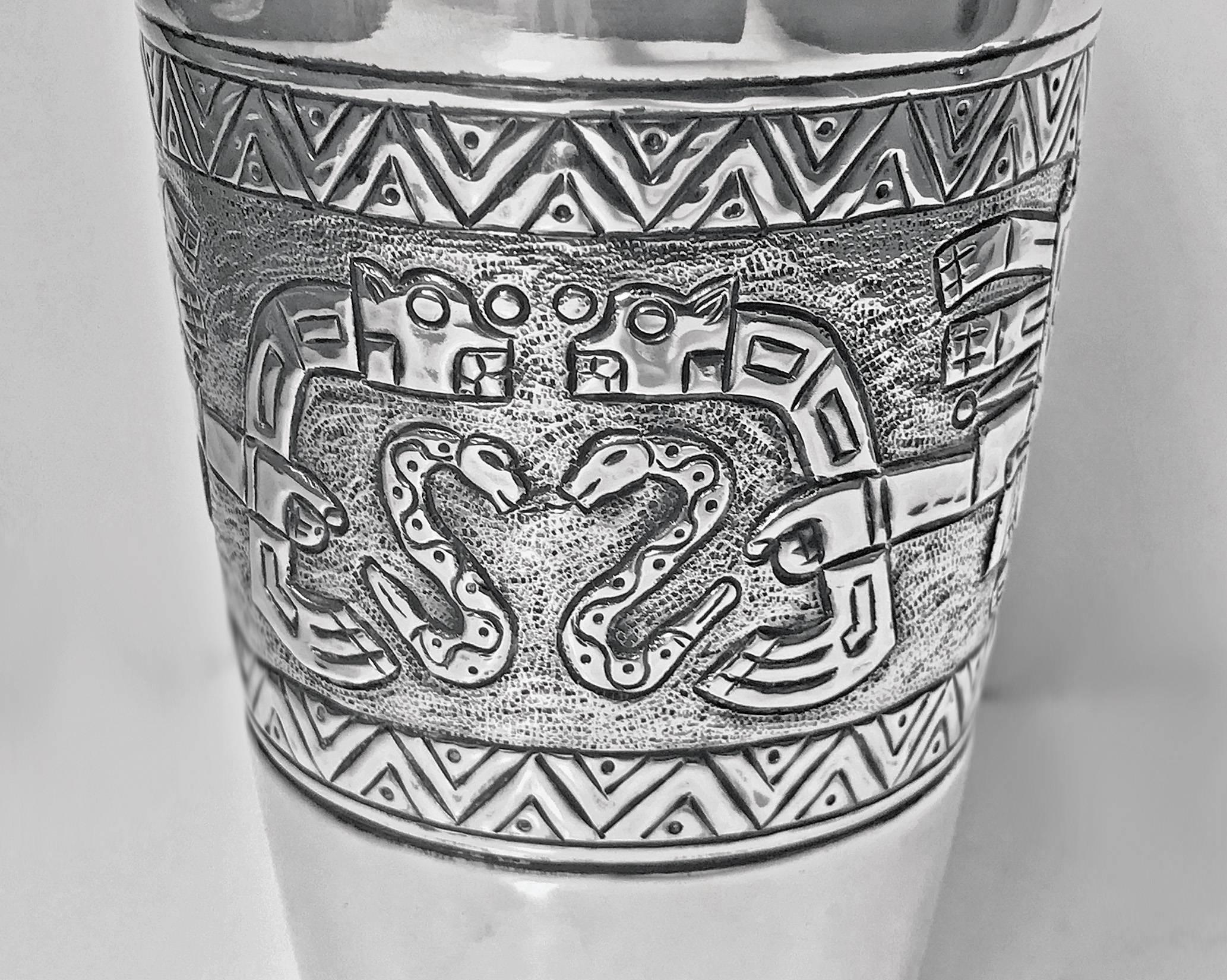 Silver Cocktail Shaker, Aztec Design, South American, circa 1930 at 1stDibs