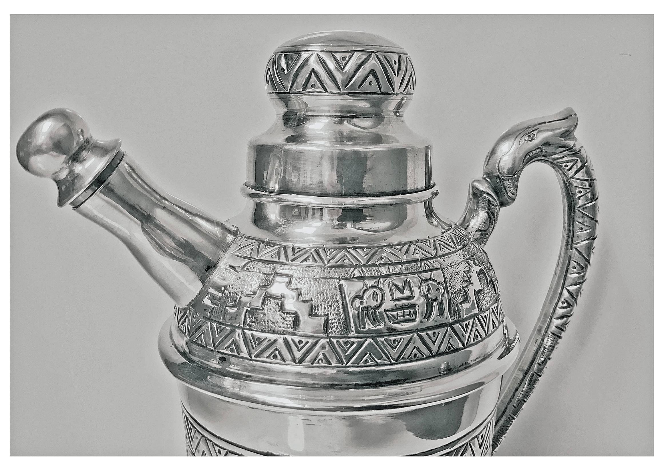 Silver Cocktail Shaker, Aztec Design, South American, circa 1930 at 1stDibs
