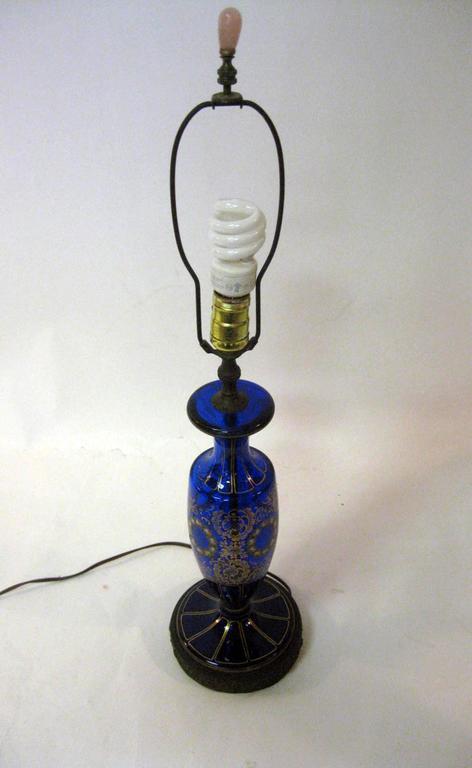 Moser Bohemian Cobalt Blue Art Glass Lamp with Pink Roses at 1stDibs