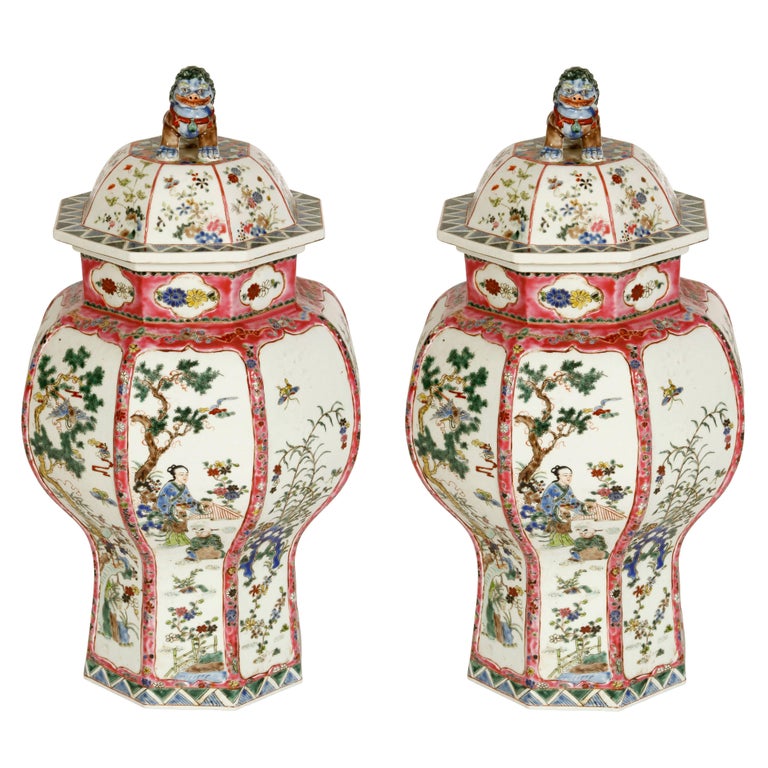 Pair of Antique Chinese Famille Rose Octagonal Covered Jars at 1stDibs