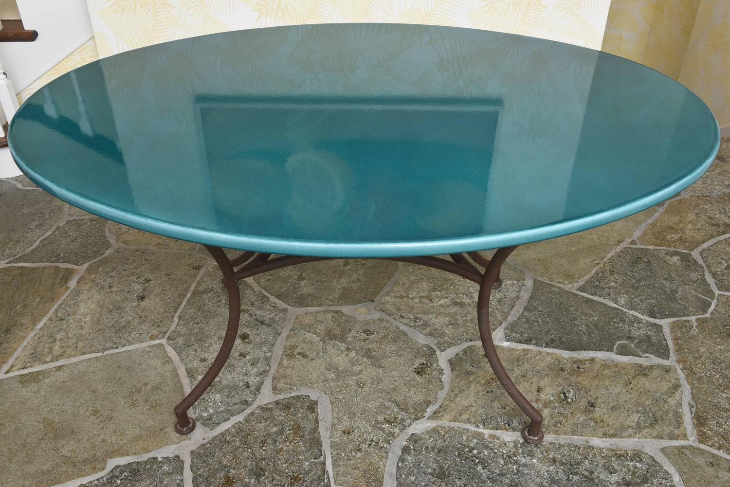 Outdoor Oval Table with Verdigris Lava Stone Top at 1stdibs