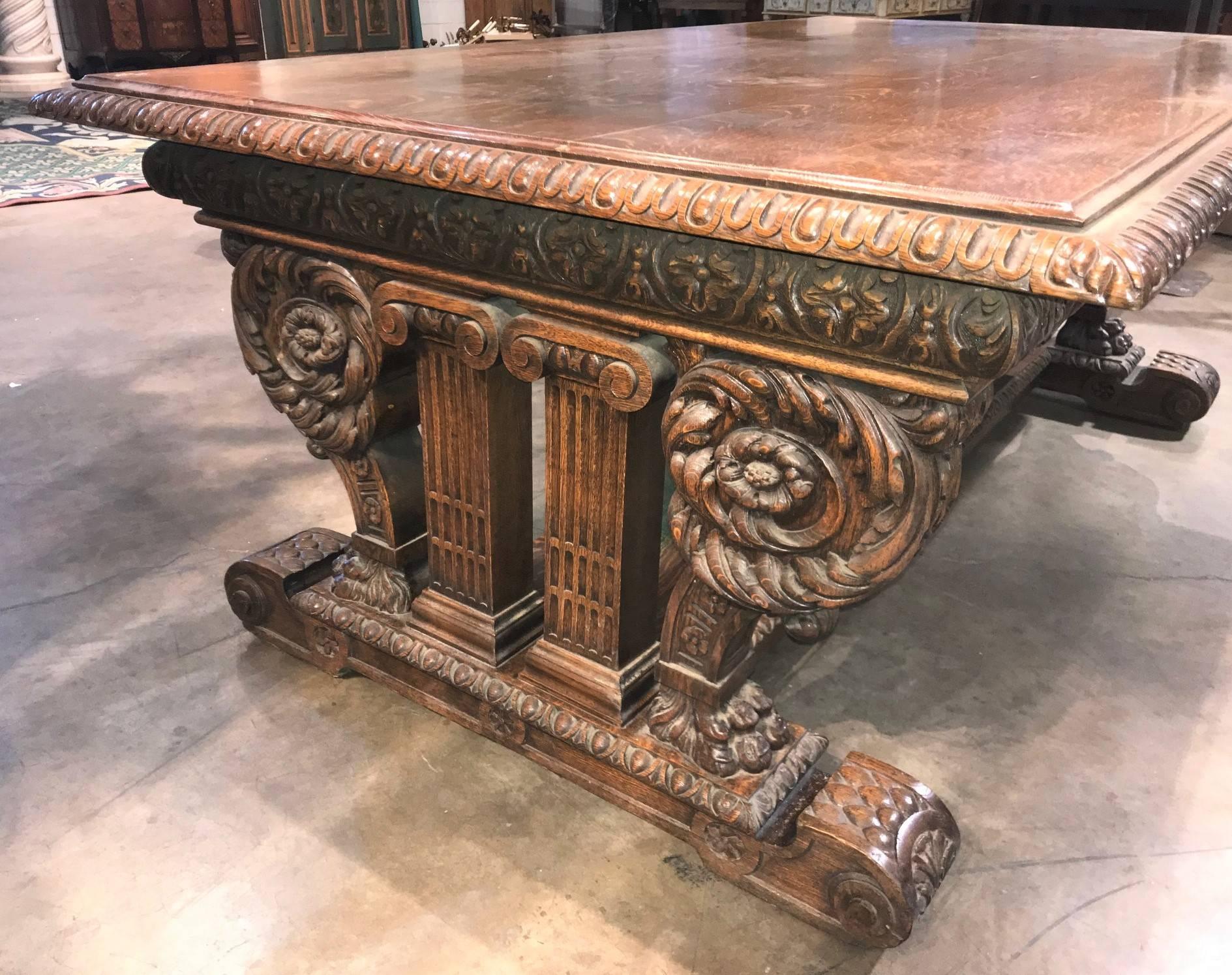 Antique American Carved Oak Library or Trestle Table, circa 1900 For ...