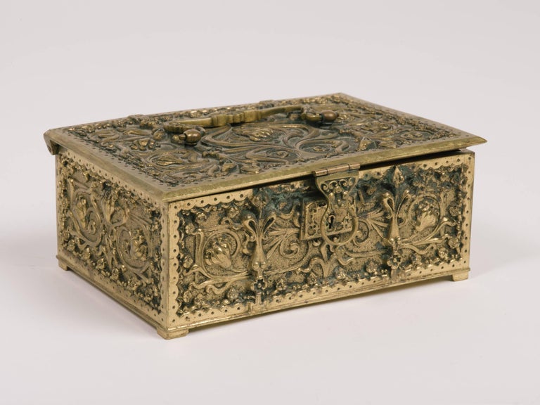 1880s English Brass Gothic Box with Handle For Sale at 1stDibs