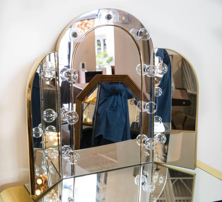Lucite and Brass Waterfall Vanity with Lighted Mirror and Stool at 1stDibs