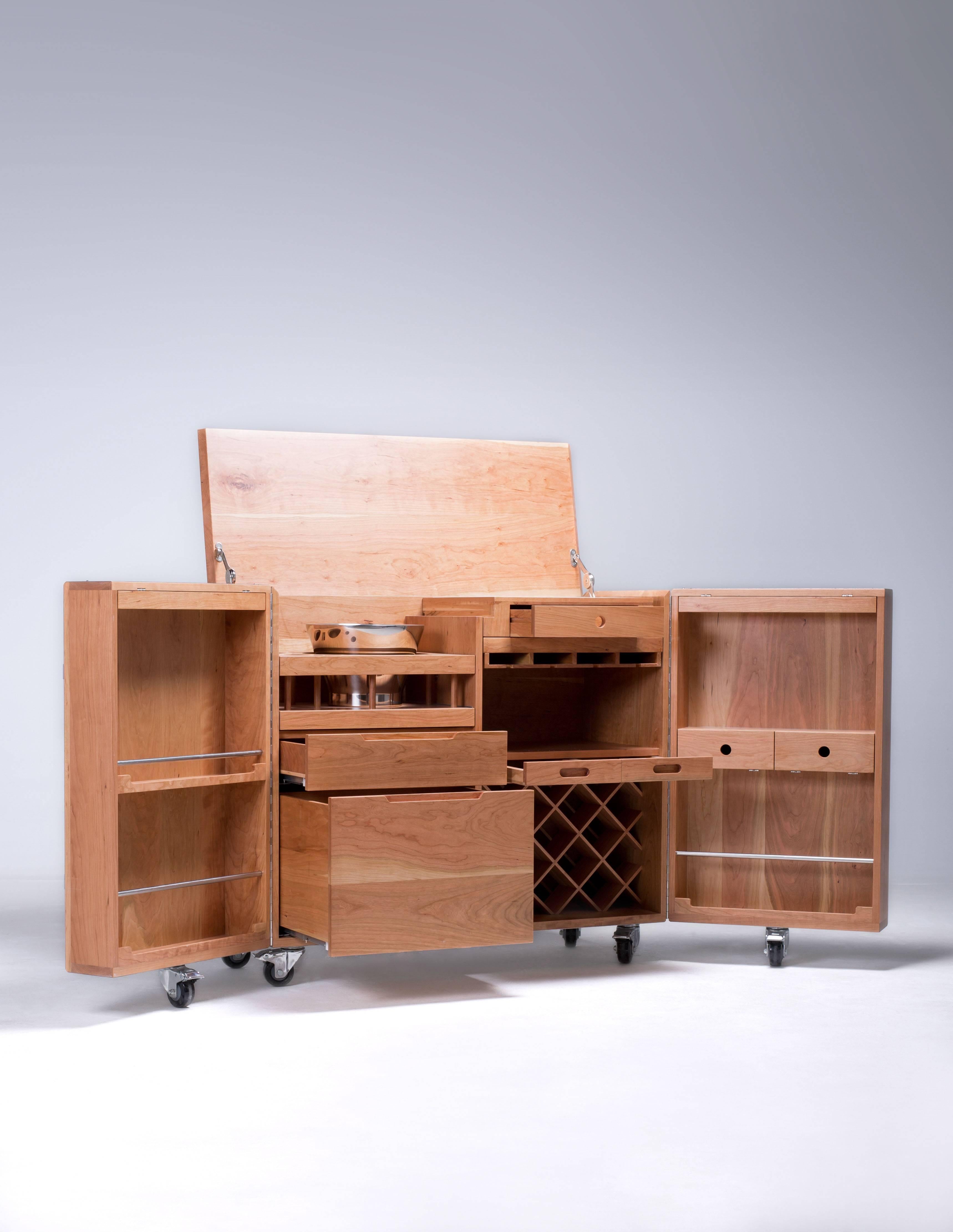 Mobile Expandable Bar Wine Cabinet in Cherrywood and Stainless Steel ...