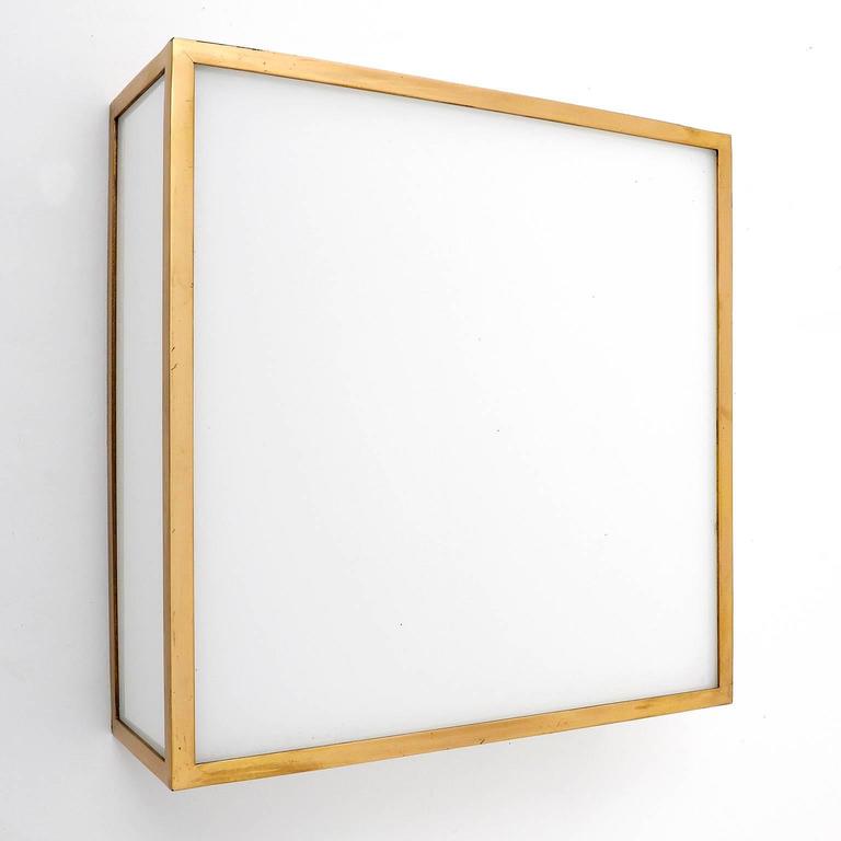 Square Box Flush Mount or Wall Light, Brass Opal Glass, Austria, 1960s ...
