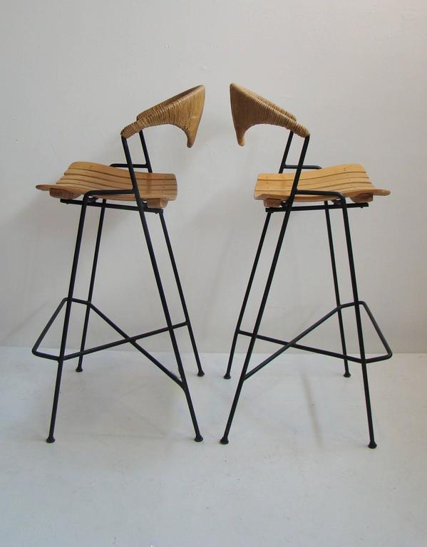 Arthur Umanoff Set of Two Sculptural Bar Stools + Slatted Wood Dry Bar ...