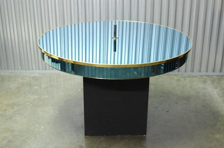 Custom Table with Blue Mirrored Top and Silk Skirt at 1stDibs