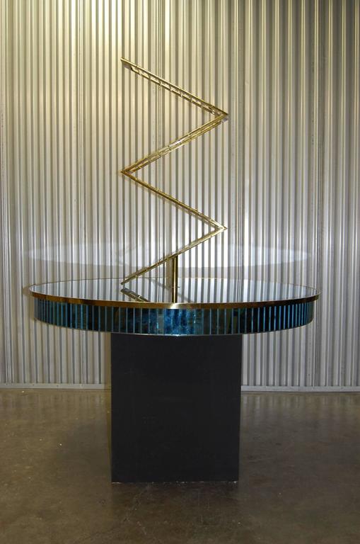 Custom Table with Blue Mirrored Top and Silk Skirt at 1stDibs