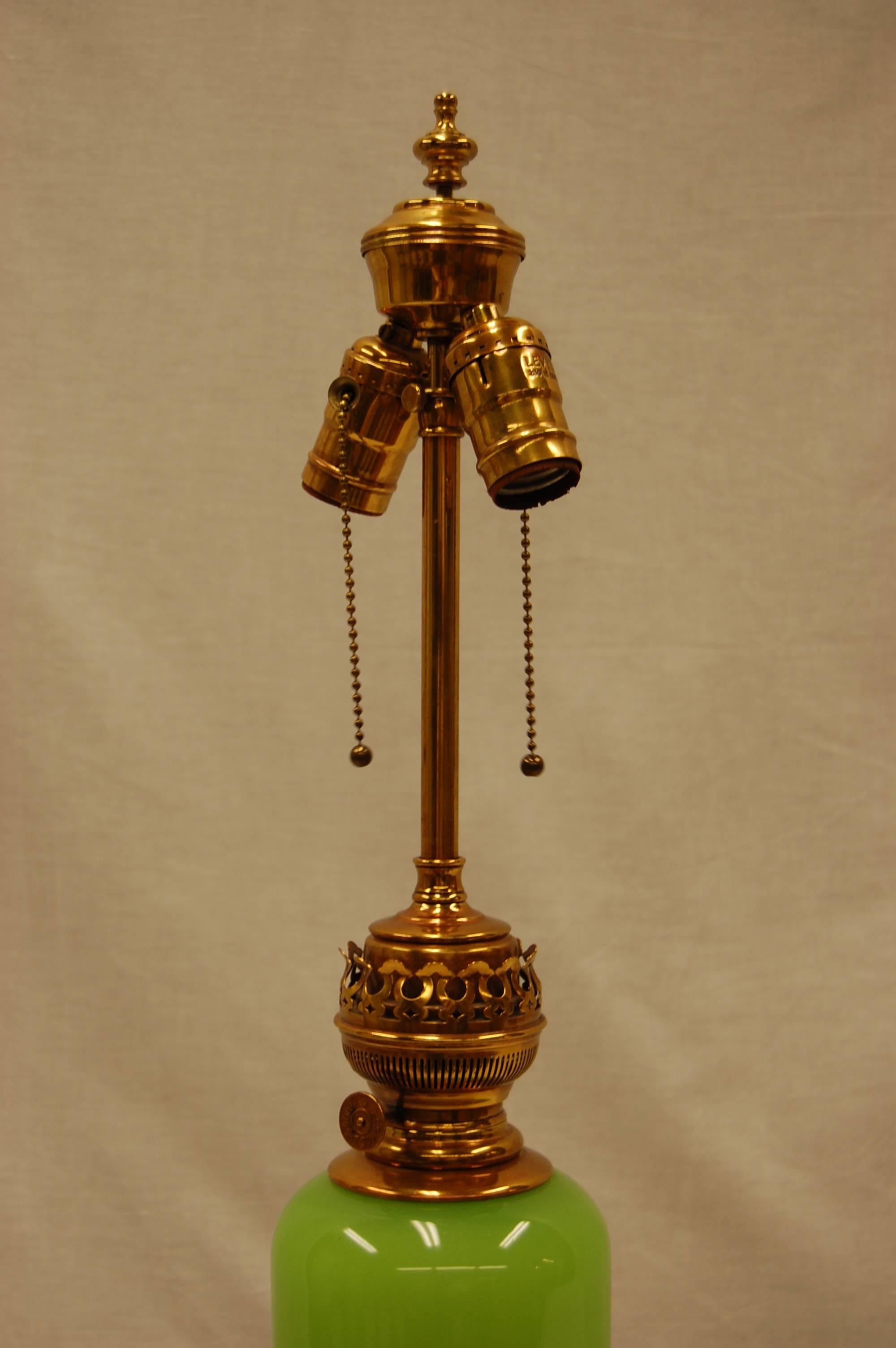 20th Century Reproduction Green Opaline Glass Oil Lamp For Sale at 1stDibs