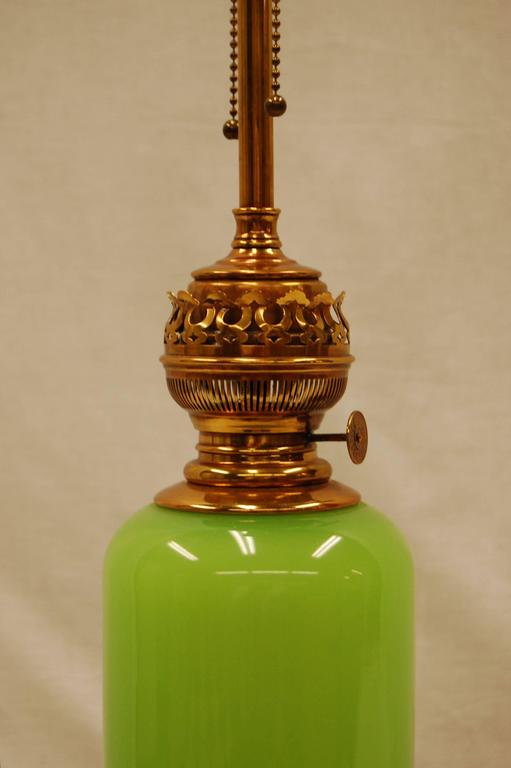 Mid-20th Century Green Opaline Glass Oil Lamp For Sale at 1stDibs