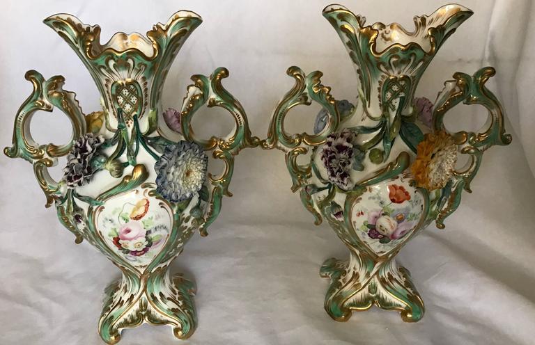 Pair Green and Gilt Painted Rockingham Vases For Sale at 1stDibs