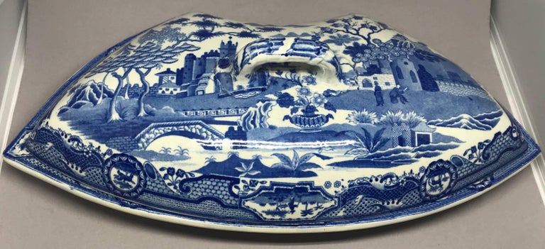 Blue and White Spode Chinoiserie Crescent Covered Dish at 1stDibs