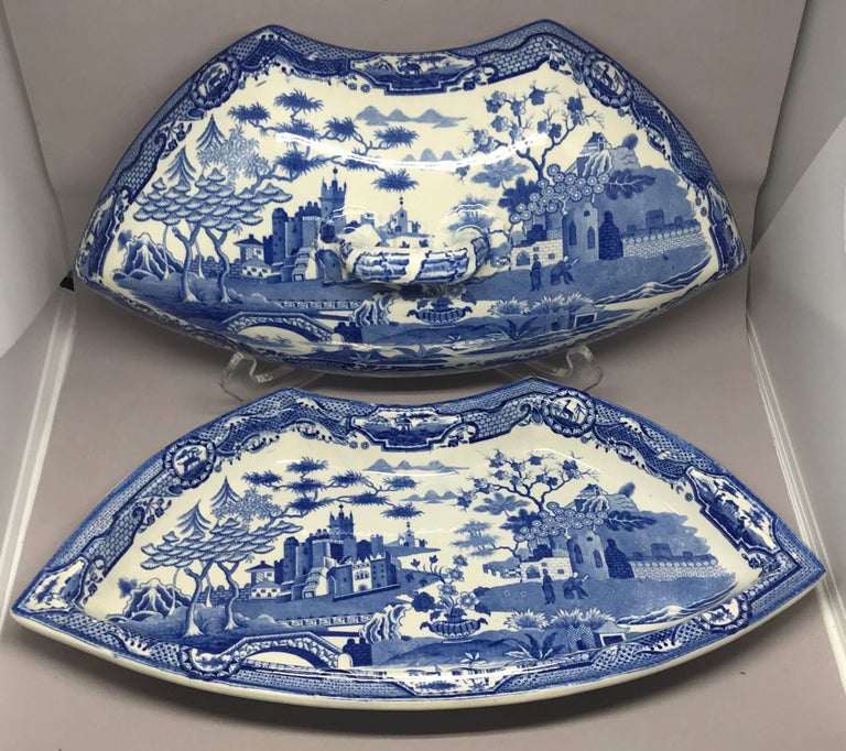 Blue and White Spode Chinoiserie Crescent Covered Dish at 1stDibs