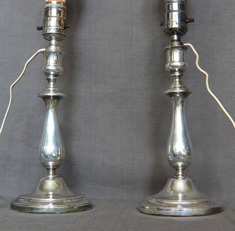 Pair Christofle Silver Candlestick Lamps For Sale at 1stDibs