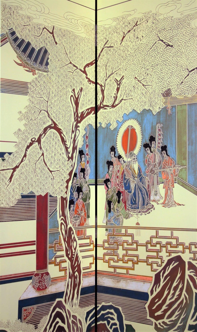 1950s Eight-Panel Ivory Lacquered Chinoiserie Folding Screen or Room ...