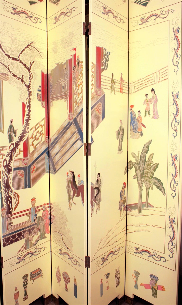 1950s Eight-Panel Ivory Lacquered Chinoiserie Folding Screen or Room ...
