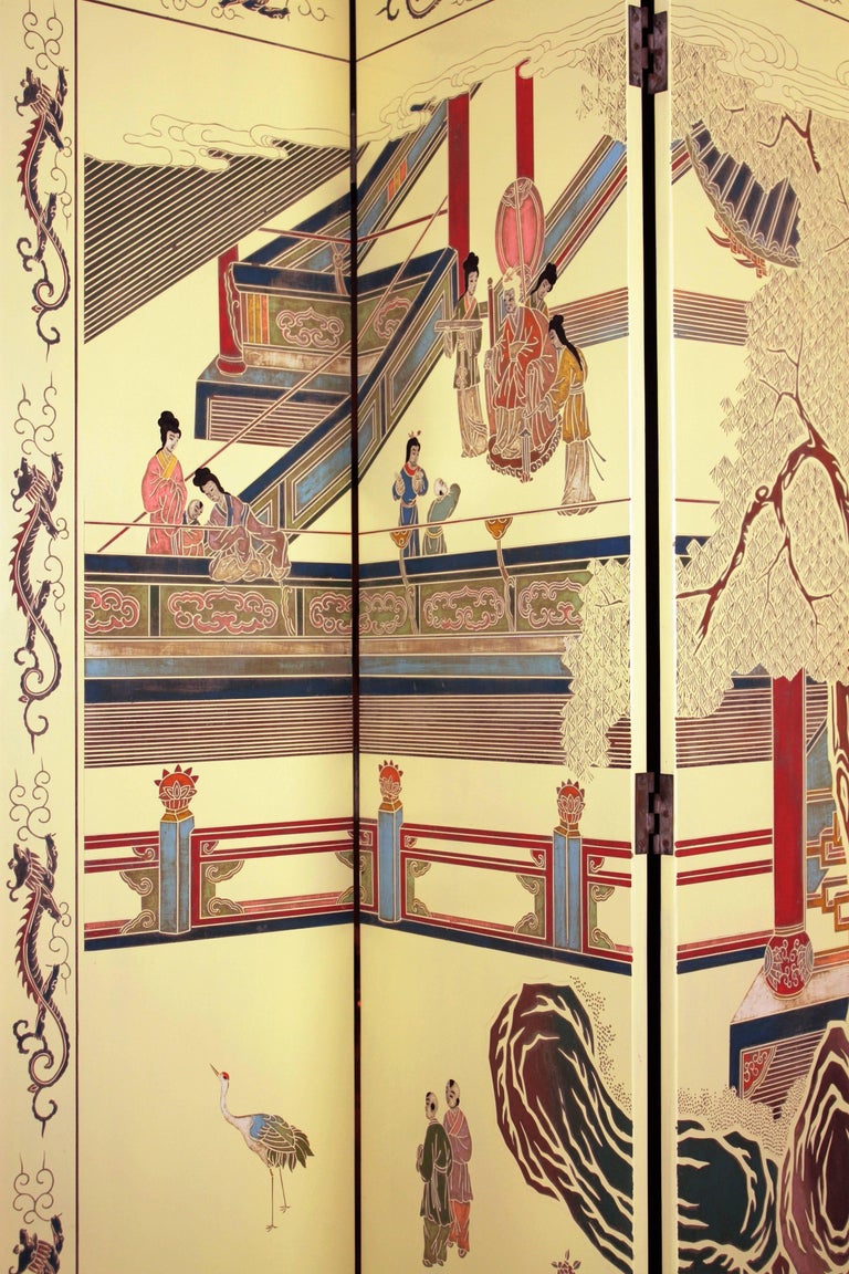 1950s Eight-Panel Ivory Lacquered Chinoiserie Folding Screen or Room ...