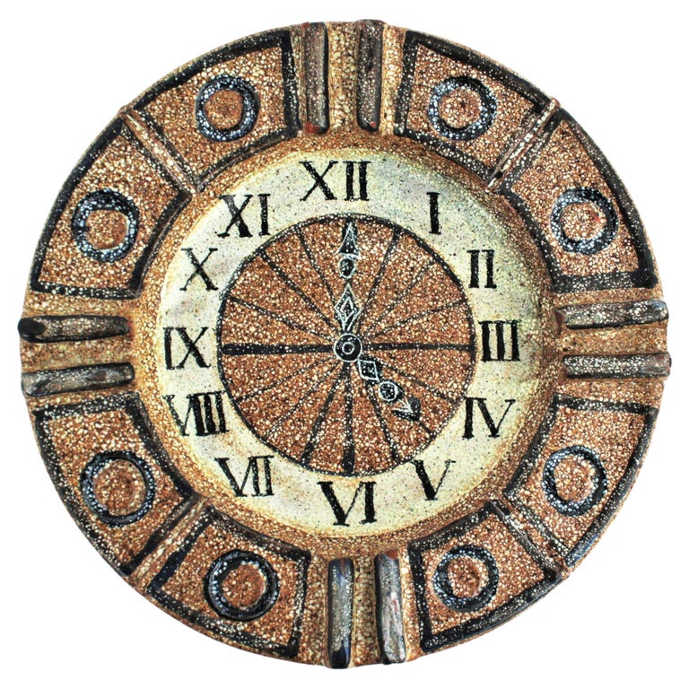 Spanish Glazed Ceramic Ashtray with Clock Design, 1960s For Sale at 1stDibs