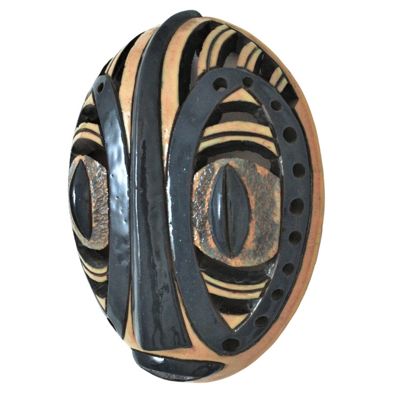 Glazed Terracotta Mask Wall Decoration in Beige and Blue For Sale at ...