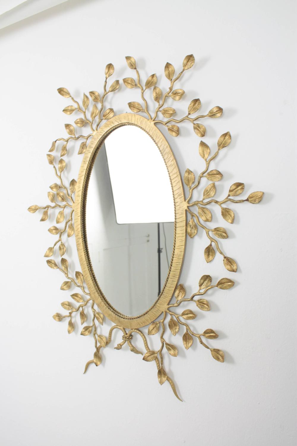 Unusual Mid-Century Modernist Gilt Wrought Iron Oval Mirror with Leaves ...