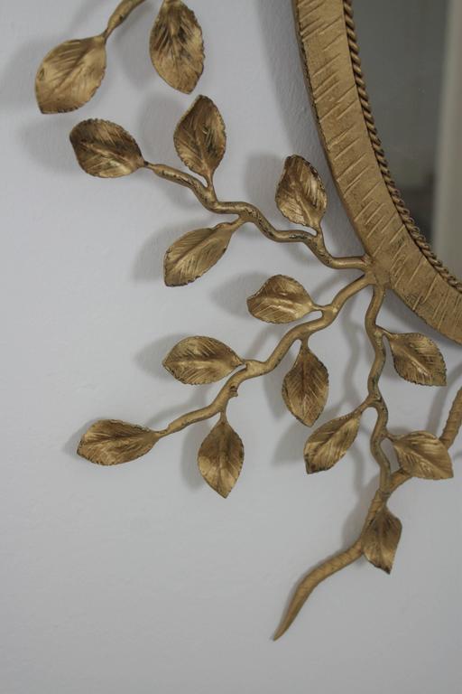 Unusual Mid-Century Modernist Gilt Wrought Iron Oval Mirror with Leaves ...