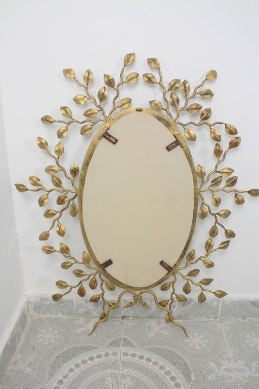 Unusual Mid-Century Modernist Gilt Wrought Iron Oval Mirror with Leaves ...