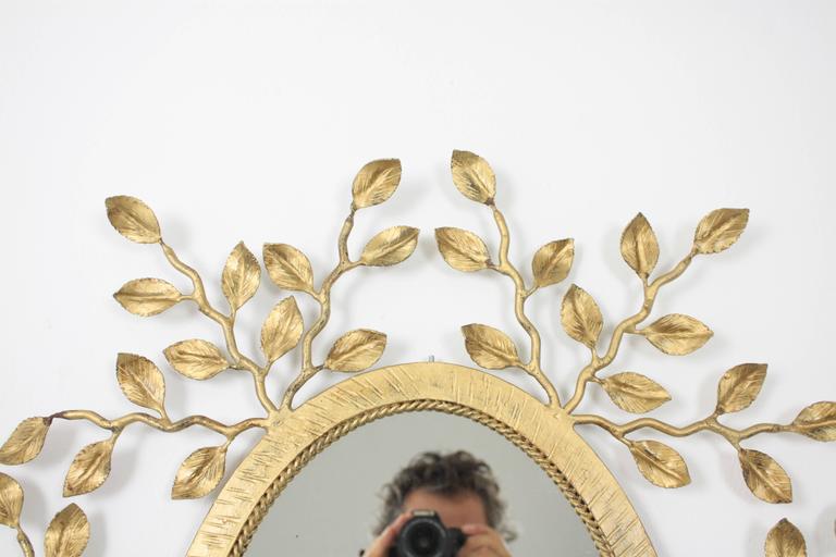 Unusual Mid-Century Modernist Gilt Wrought Iron Oval Mirror with Leaves ...