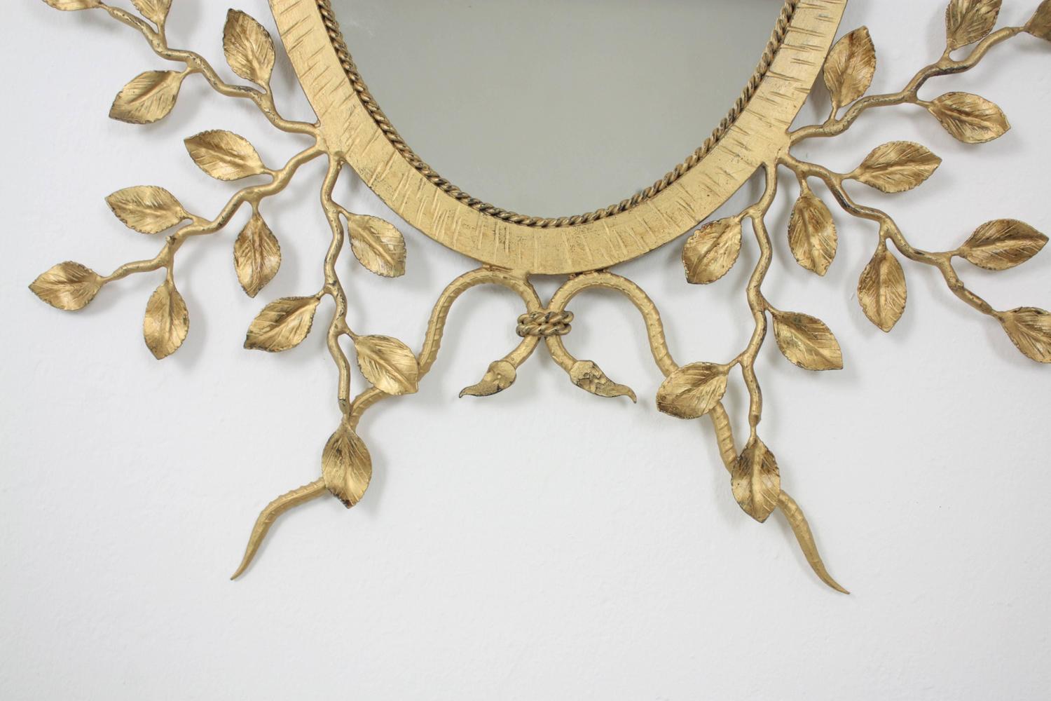 Unusual Mid-Century Modernist Gilt Wrought Iron Oval Mirror with Leaves ...