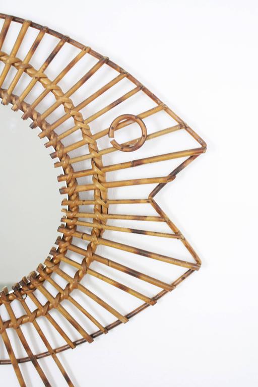 Unique 1950s French Rattan Fish Figure Mirror at 1stDibs