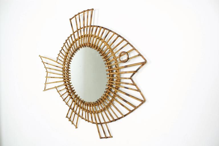 Unique 1950s French Rattan Fish Figure Mirror at 1stDibs