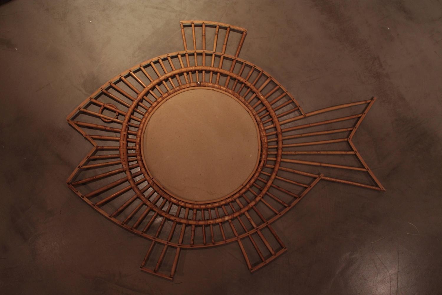 Unique 1950s French Rattan Fish Figure Mirror For Sale at 1stdibs