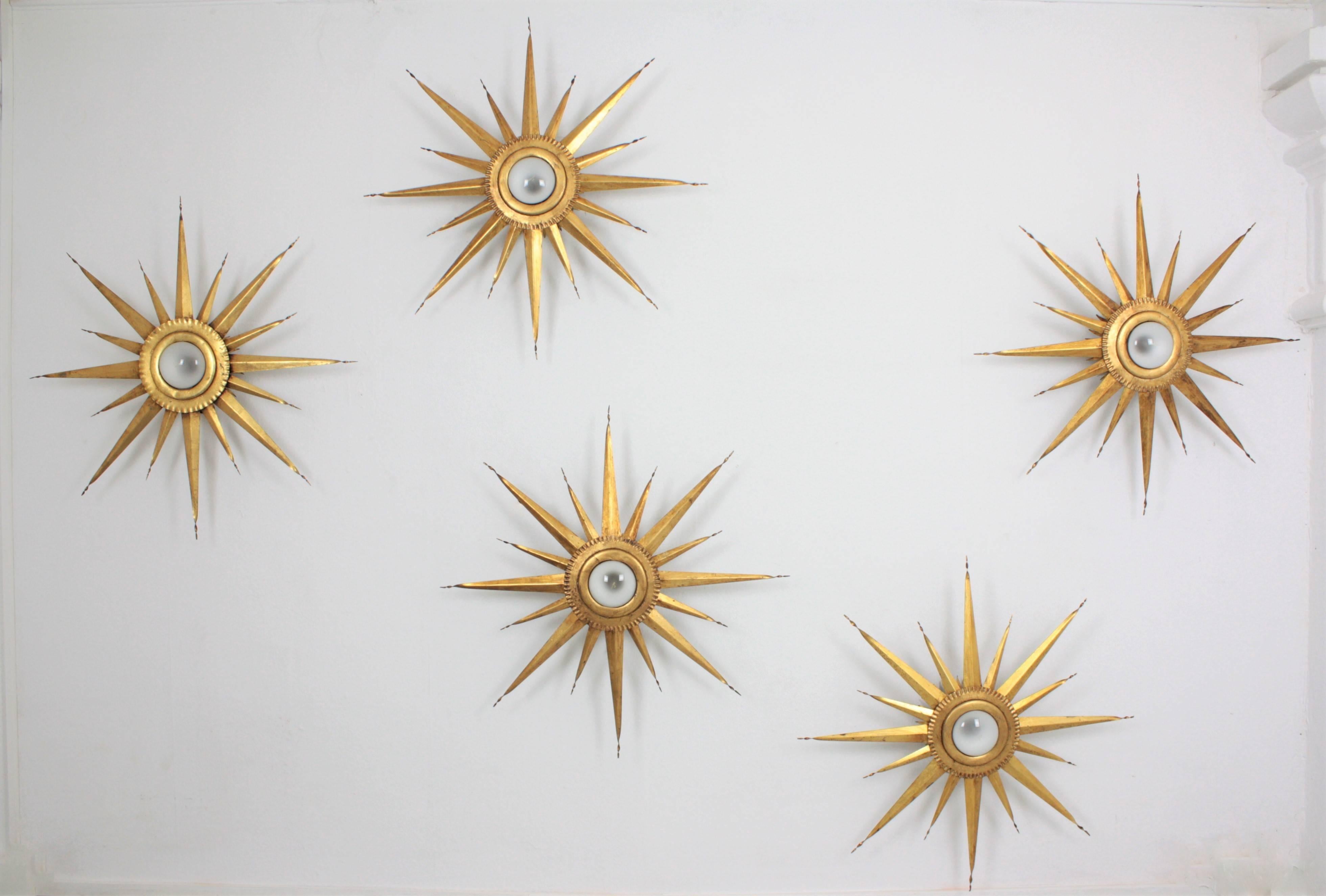 Set of Thirteen Brutalist Gilt Iron Starburst Light Fixtures at 1stDibs