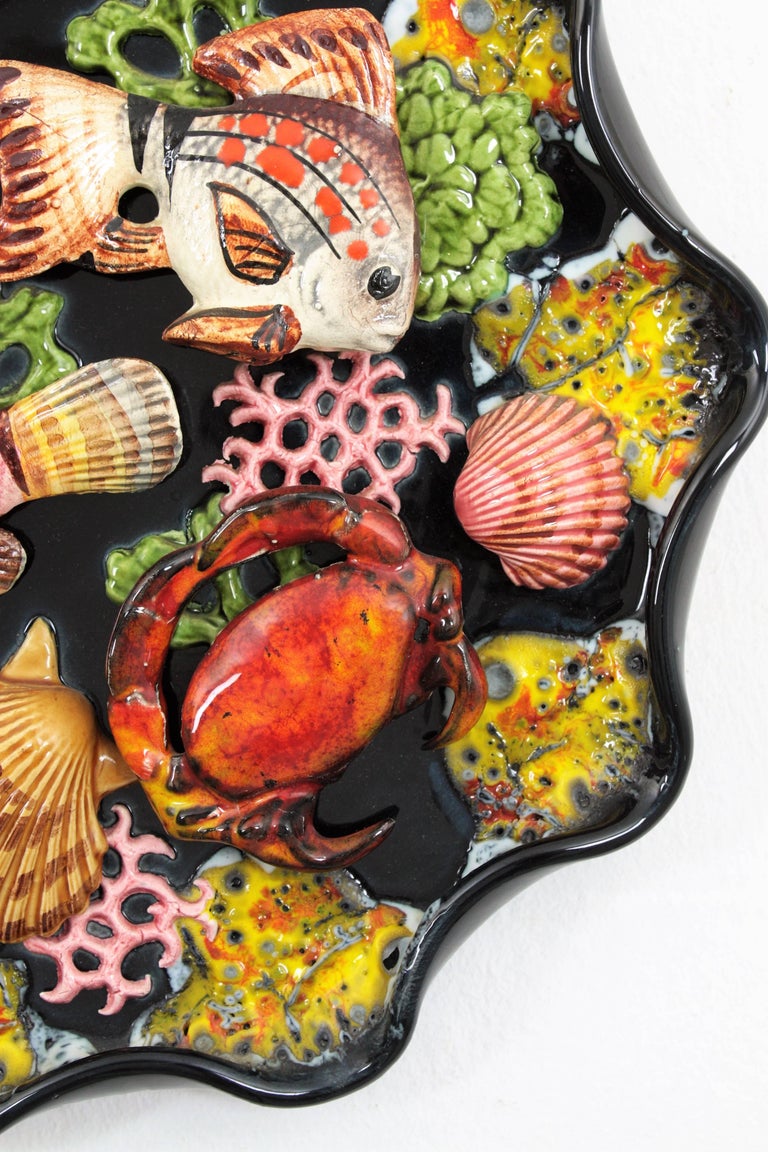 French 1950s Vallauris Majolica Ceramic Trompe Loeil Seafood Platter