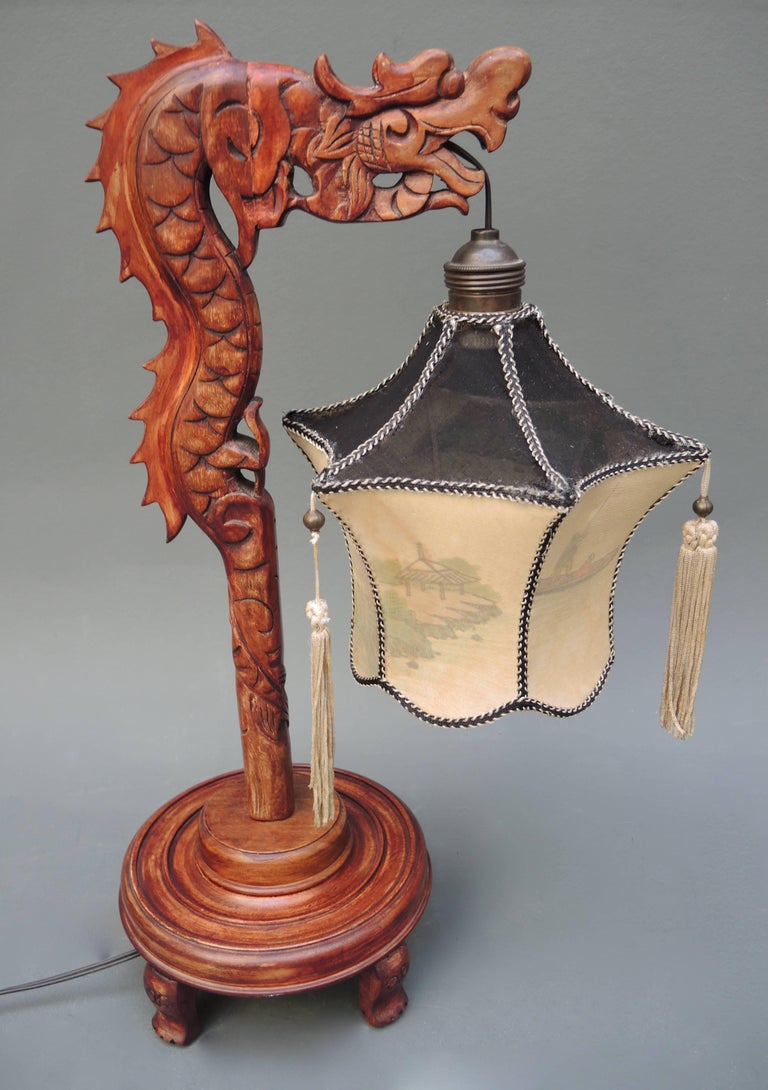 Chinese Dragon Table Lamp with Silk Lantern, circa 1940 For Sale at 1stdibs