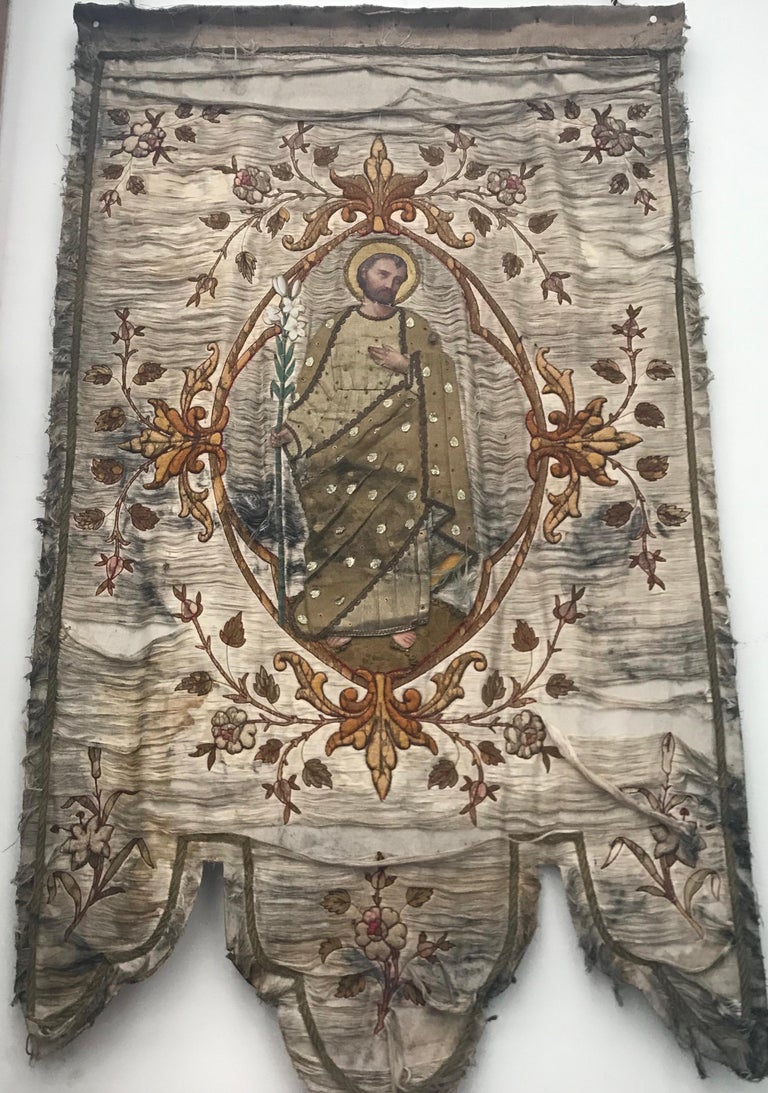 19th Century Processional Banner with Painted Portrait and Appliqued ...