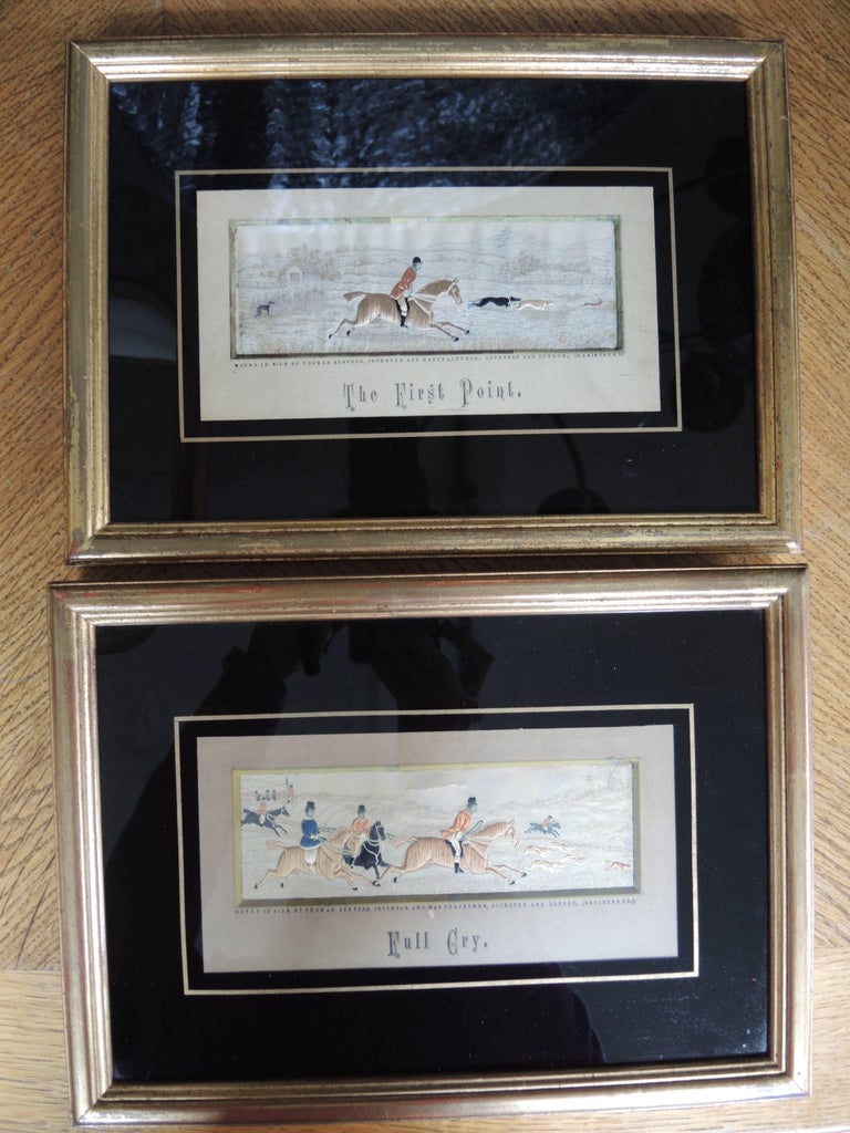 Pair of Framed 19th Century English Woven Silk Equestrian Fox Hunting ...