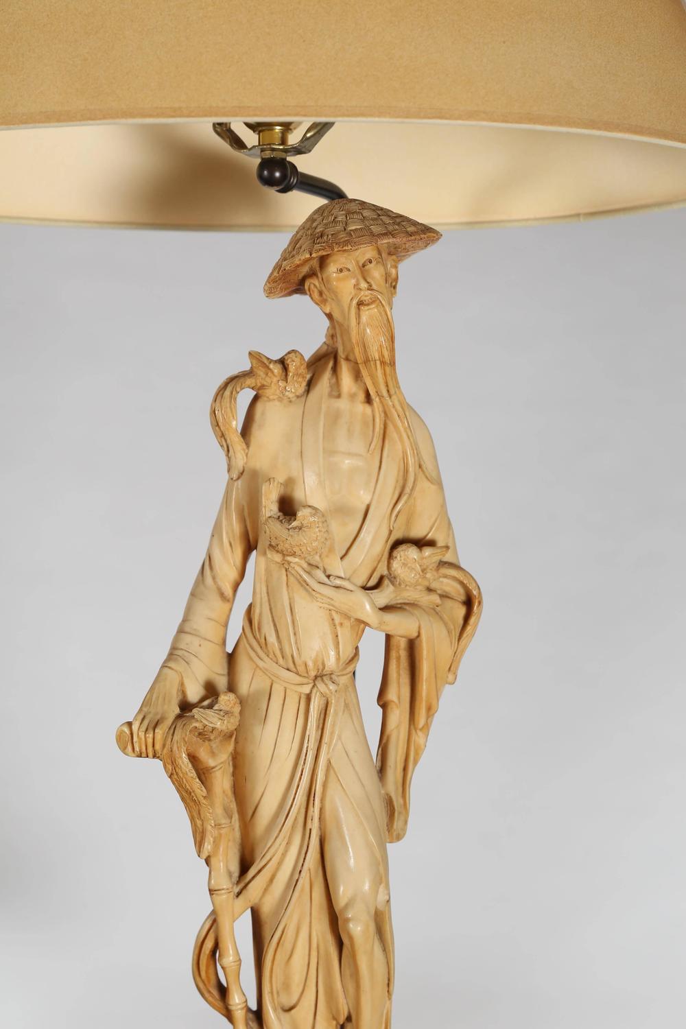 Pair of Vintage Resin Lamps with Highly Refined Carved Chinese Figures ...