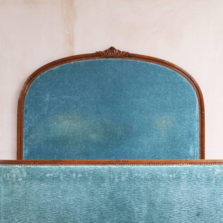 Upholstered Blue Chenille Bed - Bow Foot, WK90 at 1stDibs