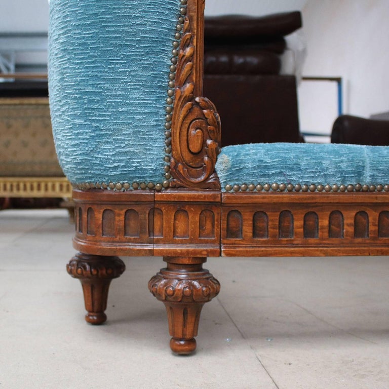Upholstered Blue Chenille Bed - Bow Foot, WK90 at 1stDibs