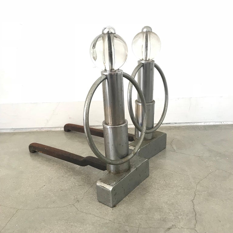 Pair of Art Deco Chrome and Glass Andirons at 1stDibs