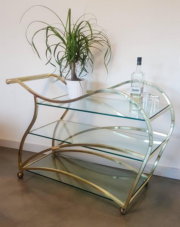 1970s Streamline Brass Bar Cart at 1stDibs