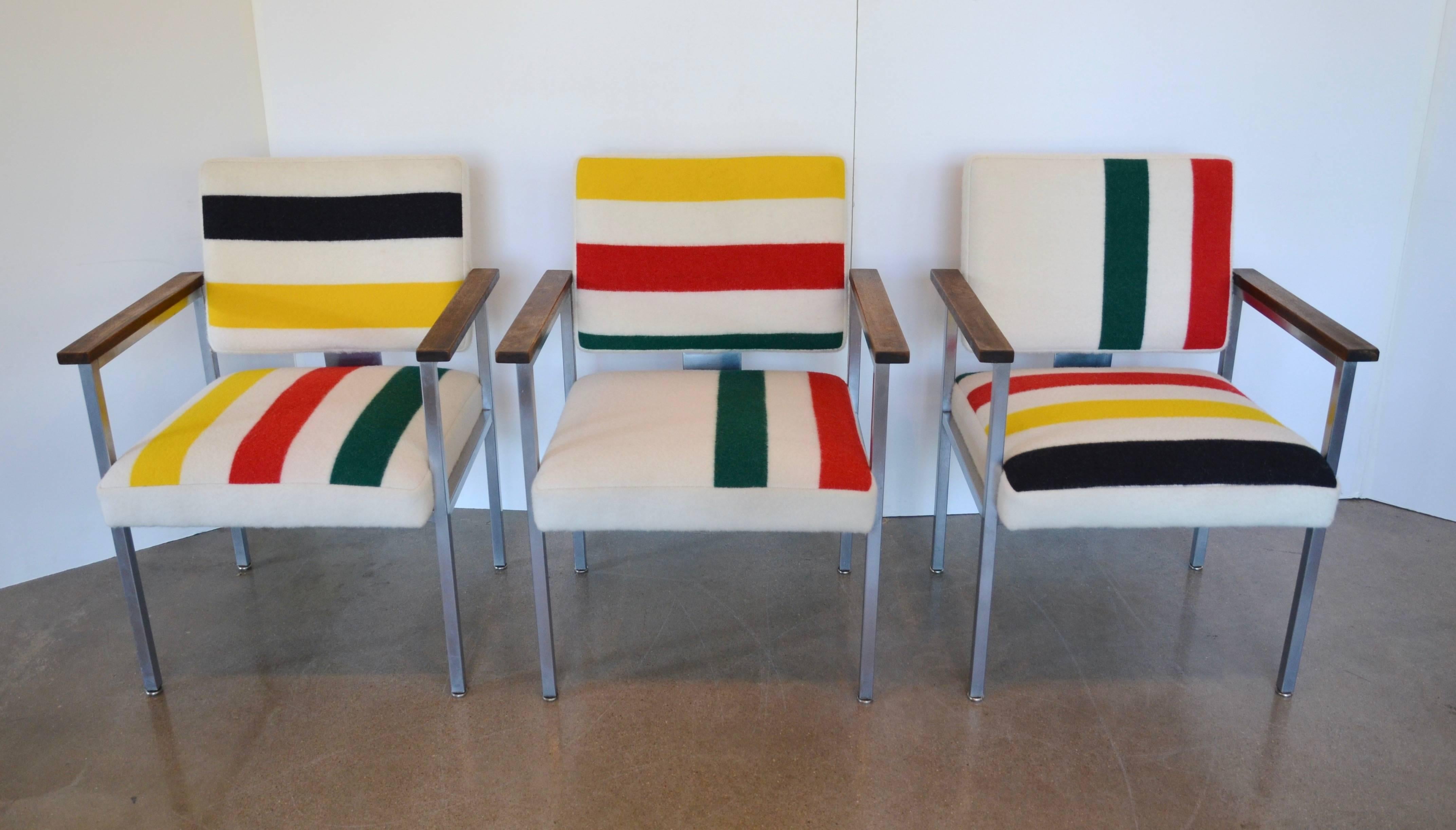 Midcentury Chair with Stainless Frames, Wood Arms and Pendleton Stripes ...