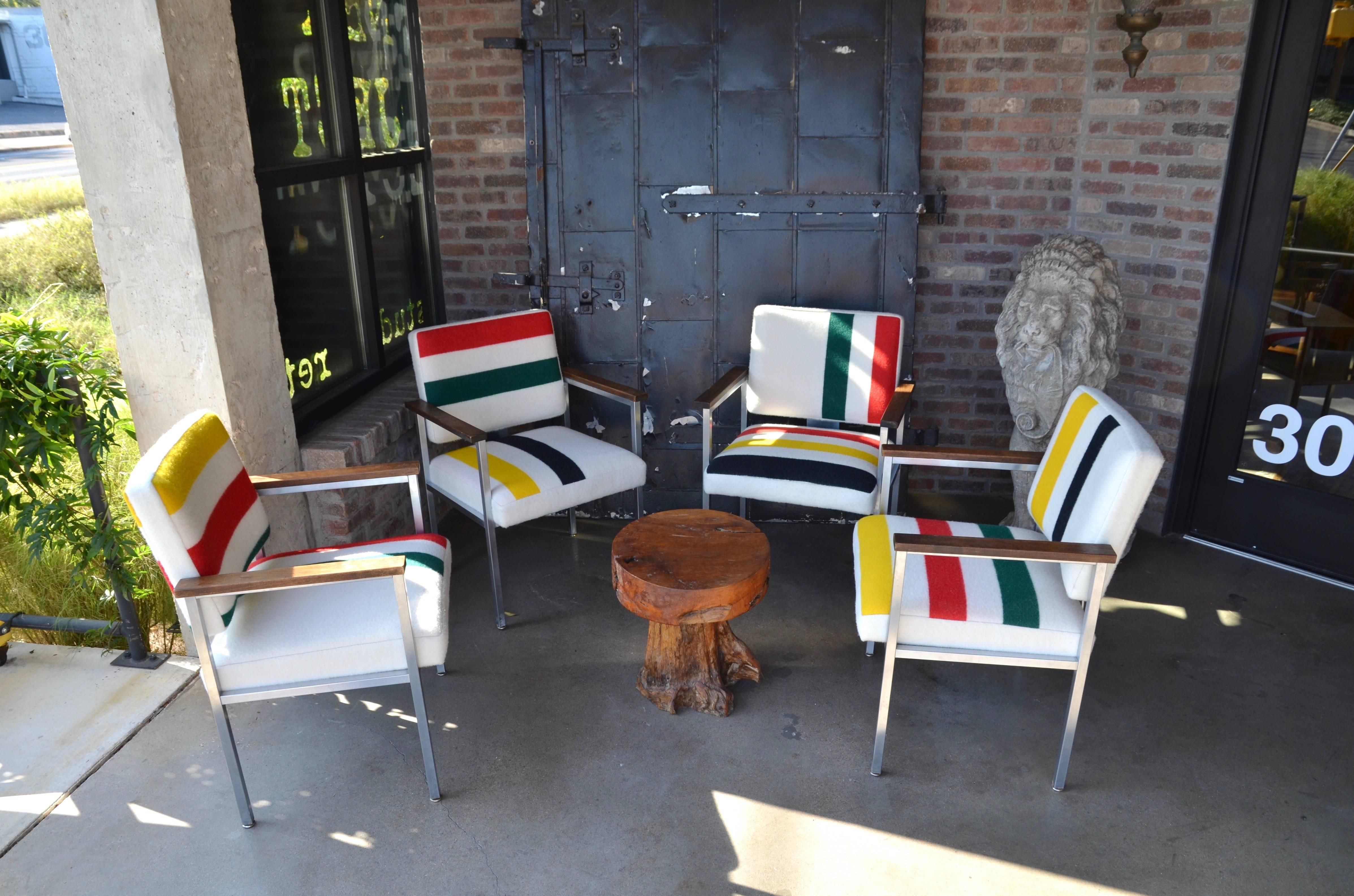 Midcentury Chair with Stainless Frames, Wood Arms and Pendleton Stripes ...