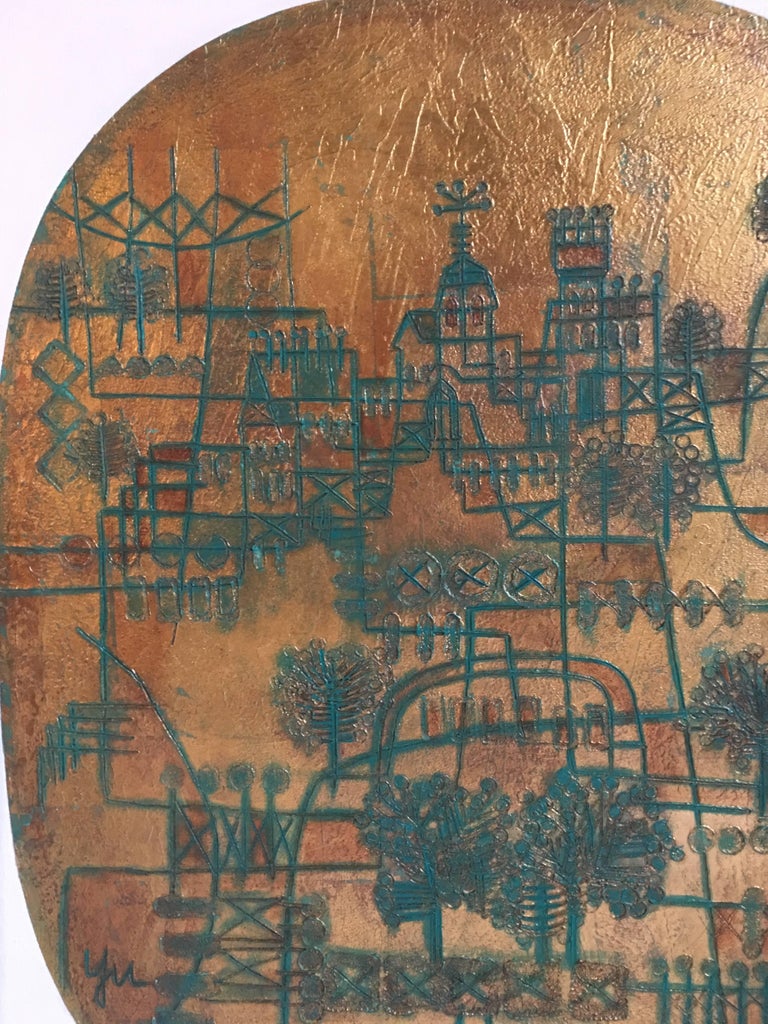 Abstract Cityscape Chinese Modernist Painting by Heshi Yu, Signed For ...