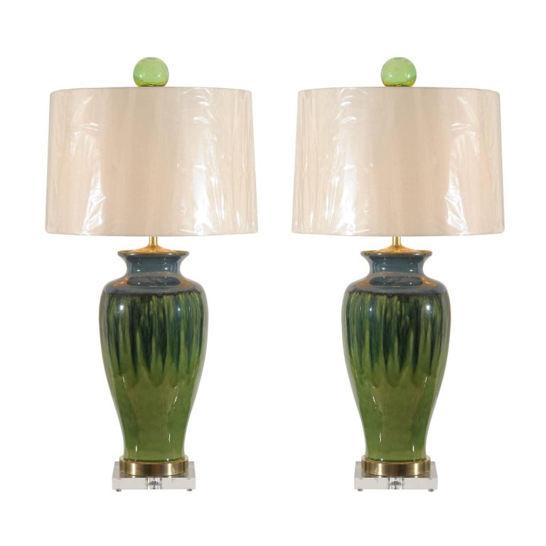 Fantastic Pair of Large-Scale Drip Ceramic Lamps with Blown Glass ...