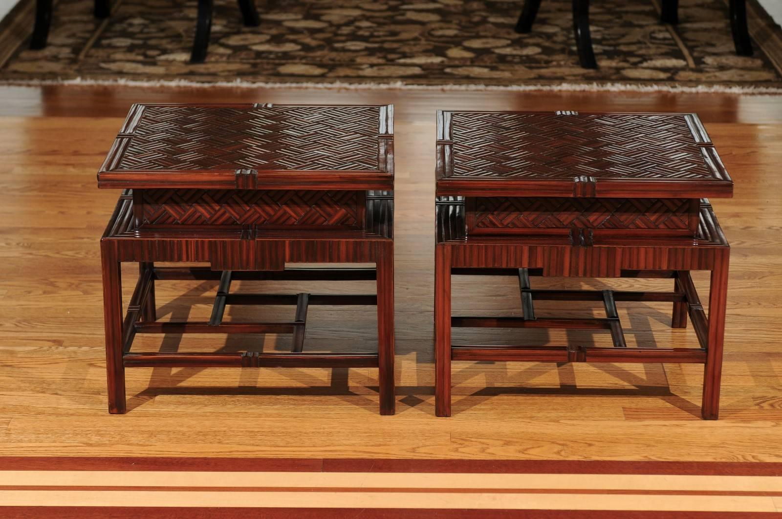 Radiant Pair of Vintage Mahogany and Rattan Herringbone Pagoda Tables ...