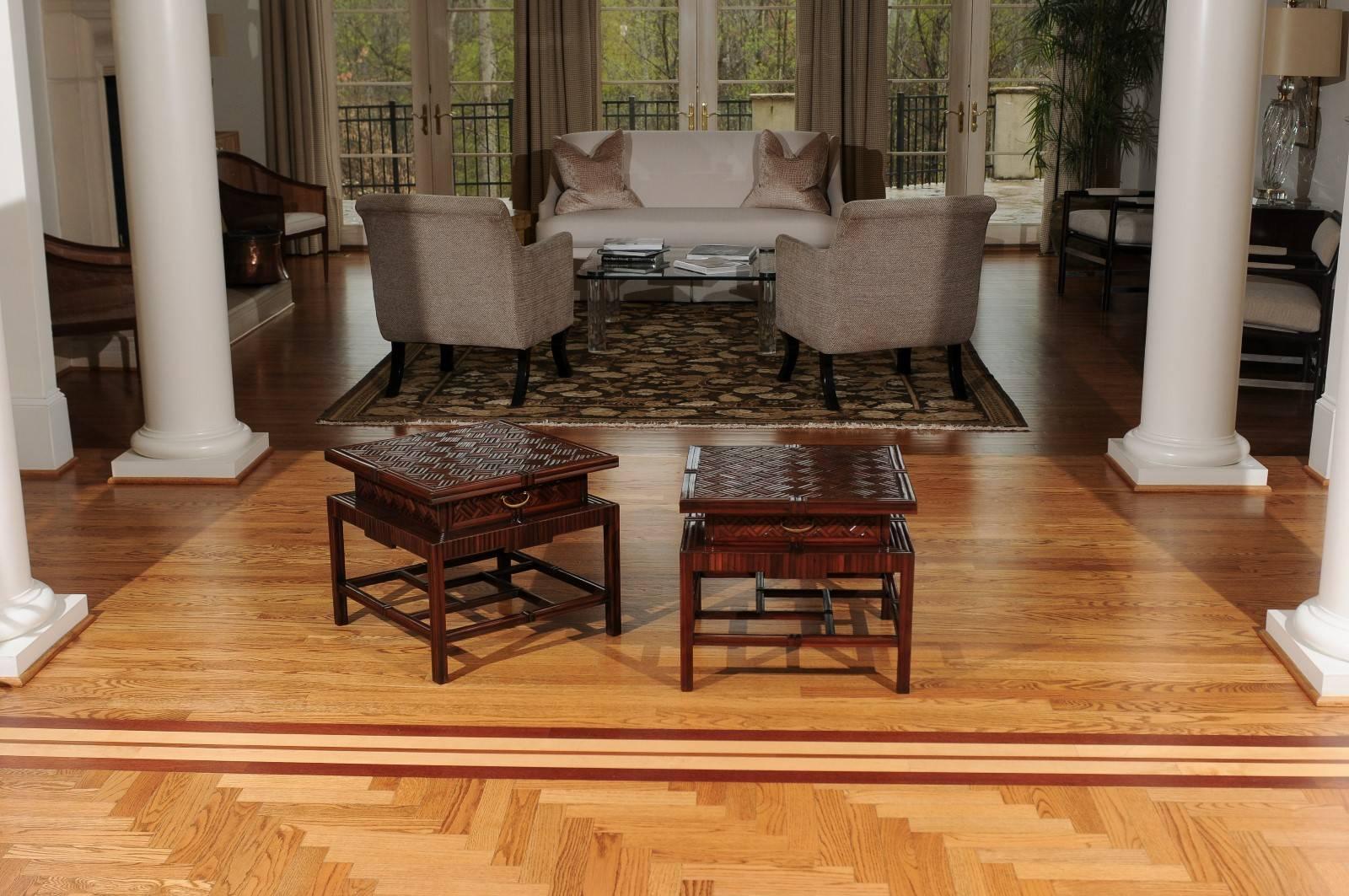 Radiant Pair of Vintage Mahogany and Rattan Herringbone Pagoda Tables ...