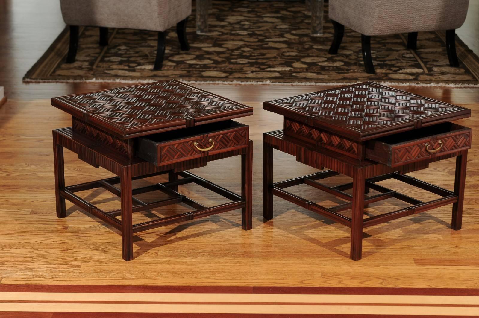 Radiant Pair of Vintage Mahogany and Rattan Herringbone Pagoda Tables ...