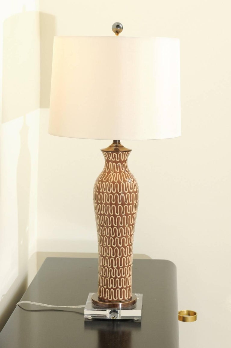 Gorgeous Pair of Glazed Ceramic Lamps with Lucite and Bronze Accents ...